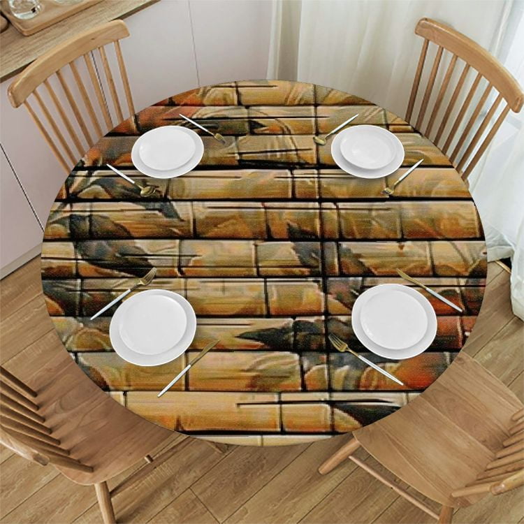 Akjvoe Round Vinyl Fitted Tablecloth, Beige Print Polyester Table Cloth ...