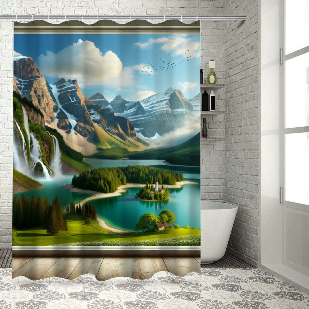 Akjvoe Shower Curtains Fabric, Flowers Green Vines Forest Lakes ...