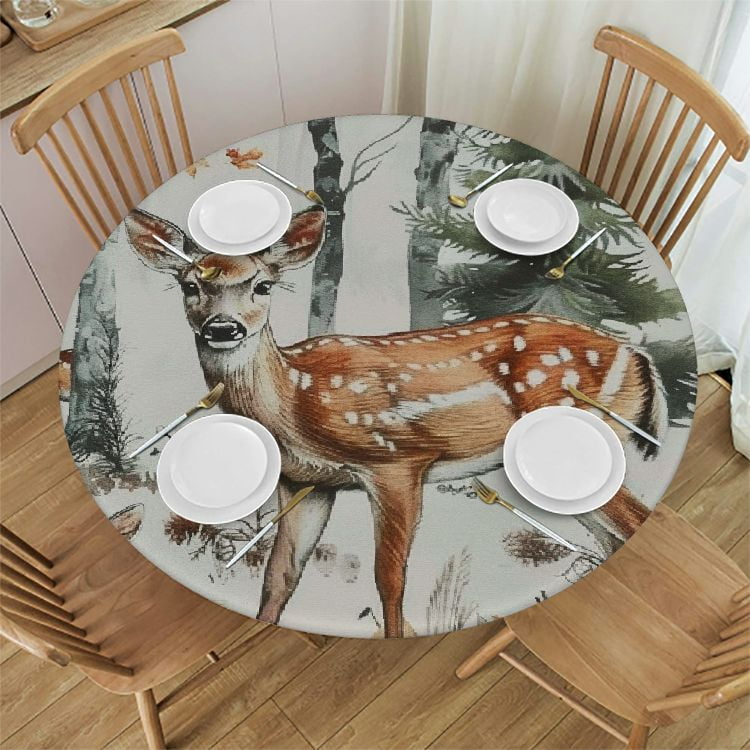 Akjvoe Watercolor Spring Deer Rabbit Tablecloth Round for Kitchen ...