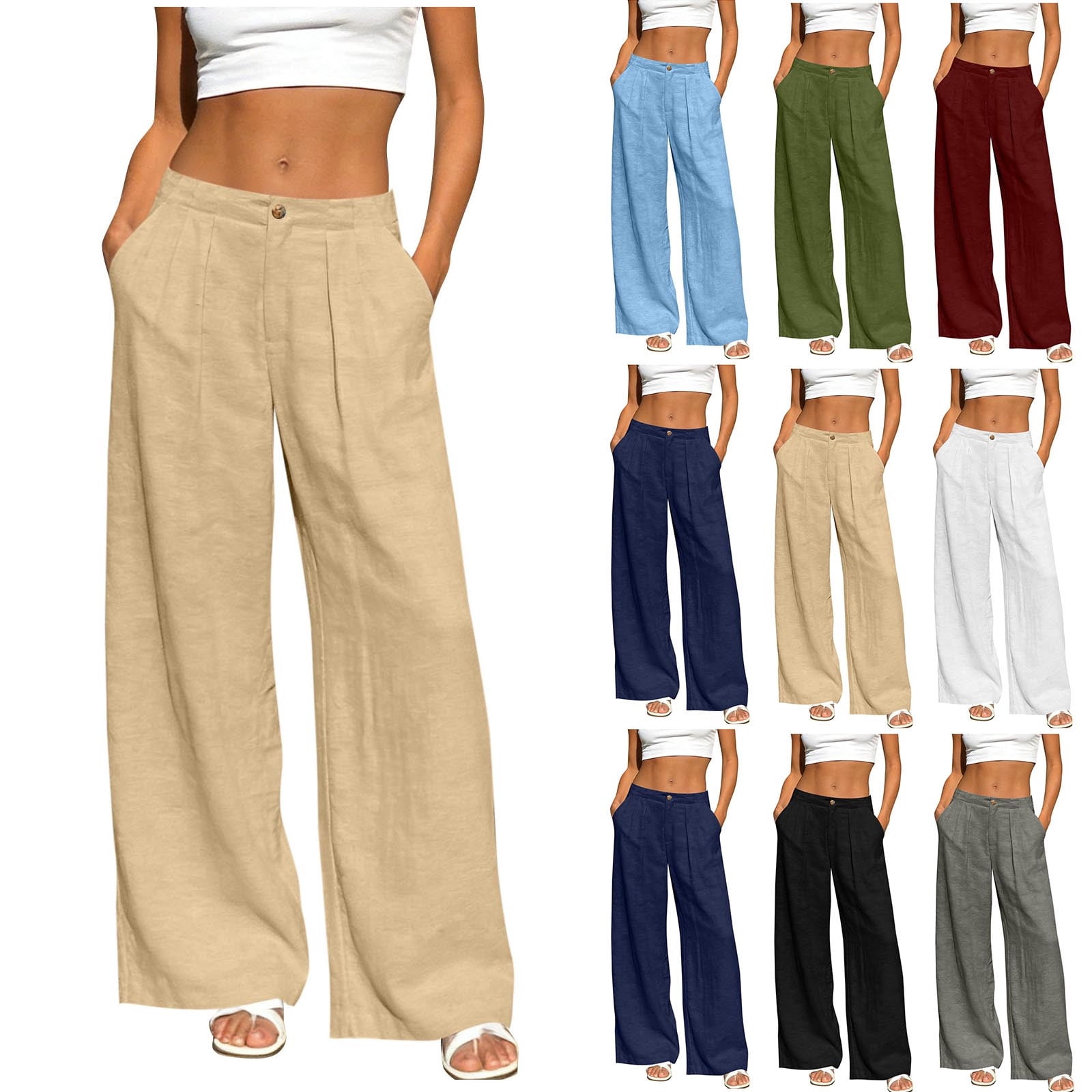 Akmaiox Linen Pants Women Summer Casual Wide Leg Pants Semi Elastic ...