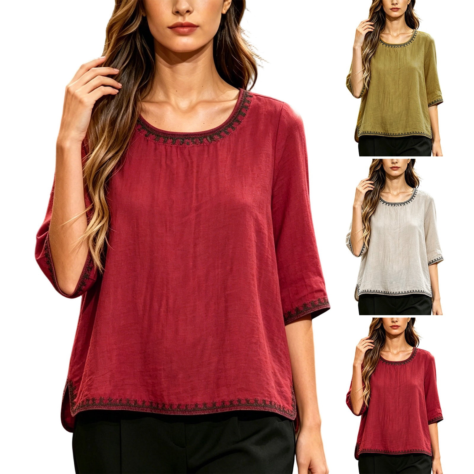 Akmaiox Linen Short Sleeve Shirts for Women Vintage Lace Crew Neck ...