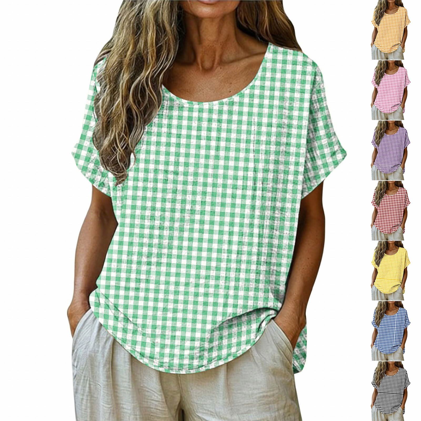 Akmaiox Linen Tops for Women Plaid Graphic Short Sleeve Crew Neck ...