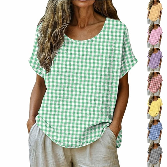 Akmaiox Linen Tops for Women Plaid Graphic Short Sleeve Crew Neck ...