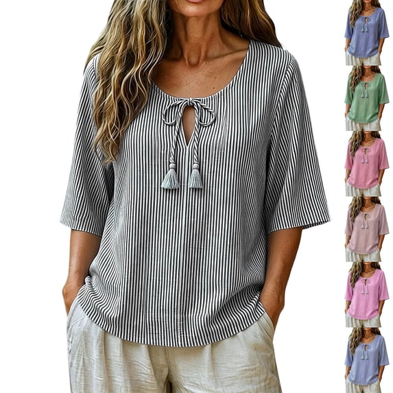 Akmaiox Linen Tops for Women Round Neck Cutout Drawstring Trendy ...