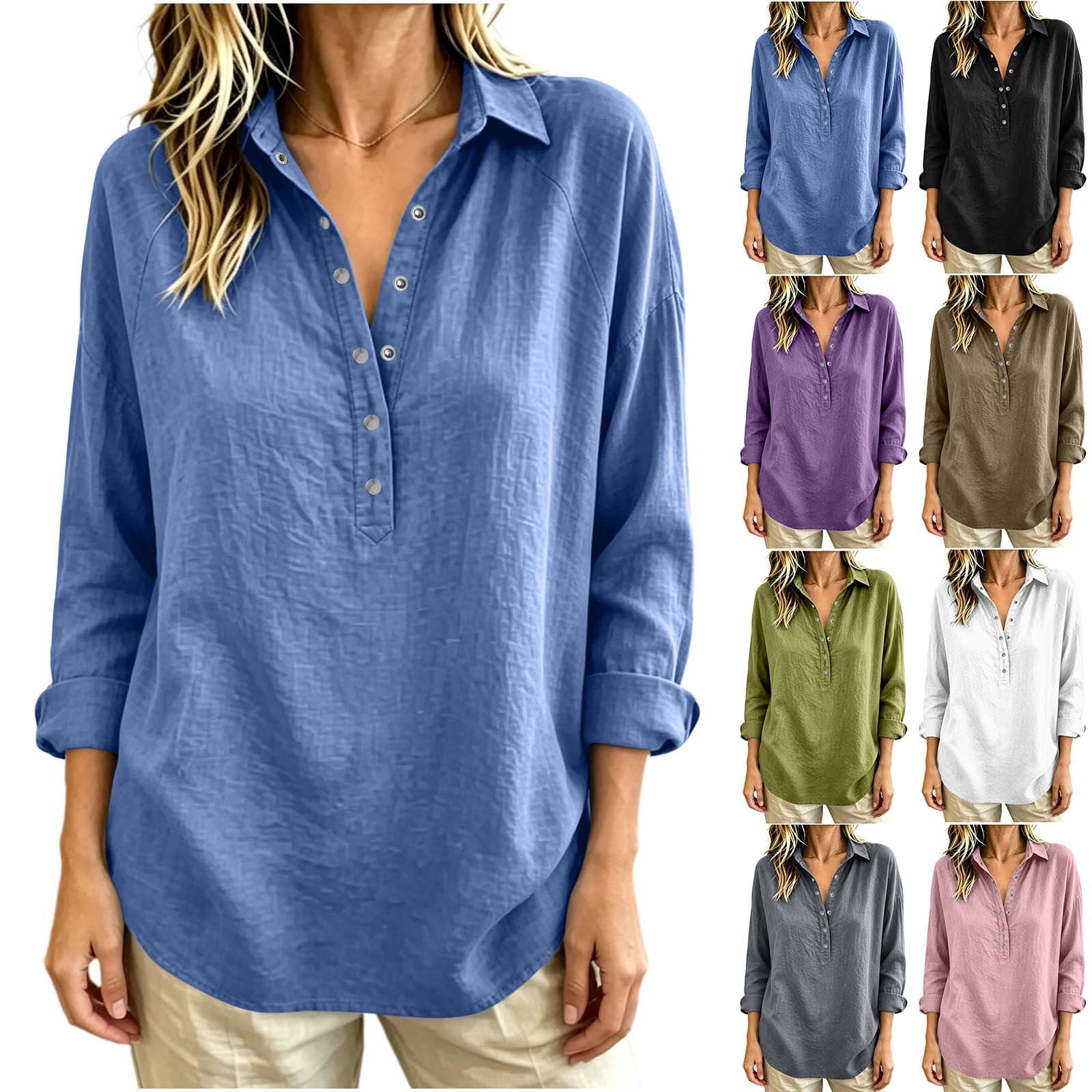 Akmaiox Long Sleeve Shirts for Women Collared Button Up Fashion ...