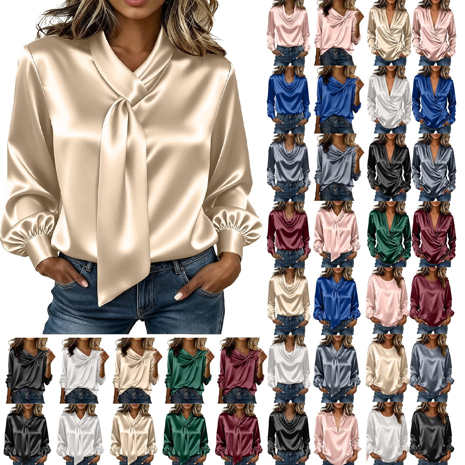 Akmaiox Satin Long Sleeve Shirts for Women Trendy Pleated Cuffs Solid ...