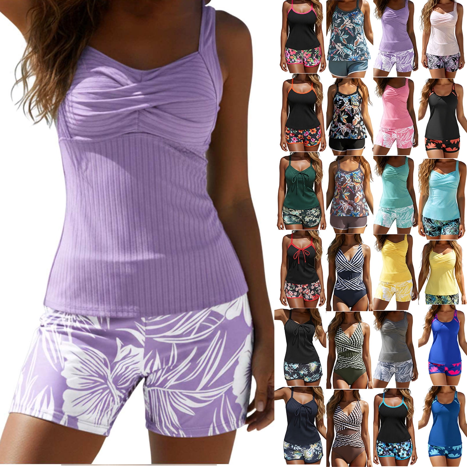 Akmaiox Tankini Swimsuits for Women Pleated Stripes Shapewear Tummy ...