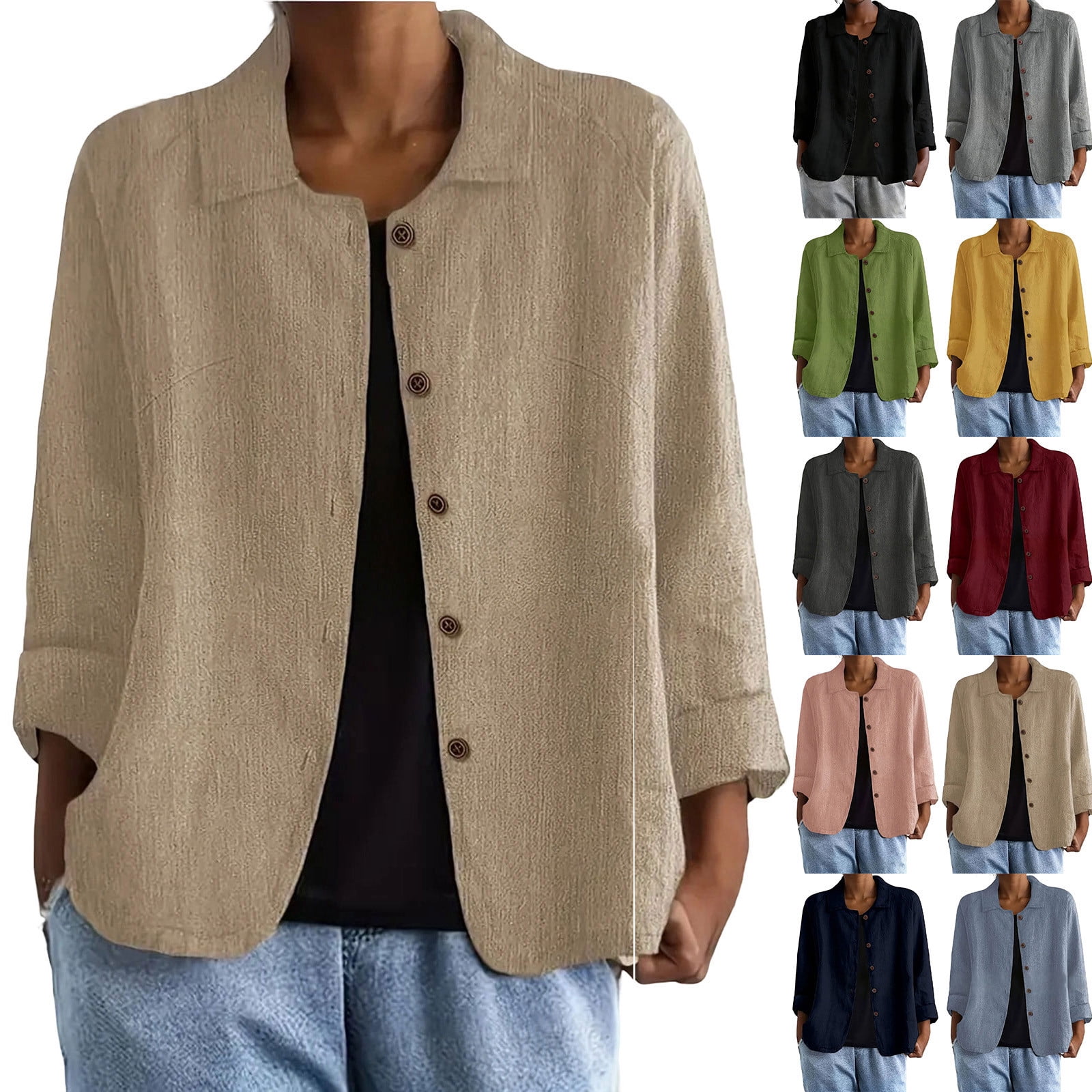 Akmaiox Women's Button Down Shirts Cotton Linen Long Sleeve Shirt Lapel ...