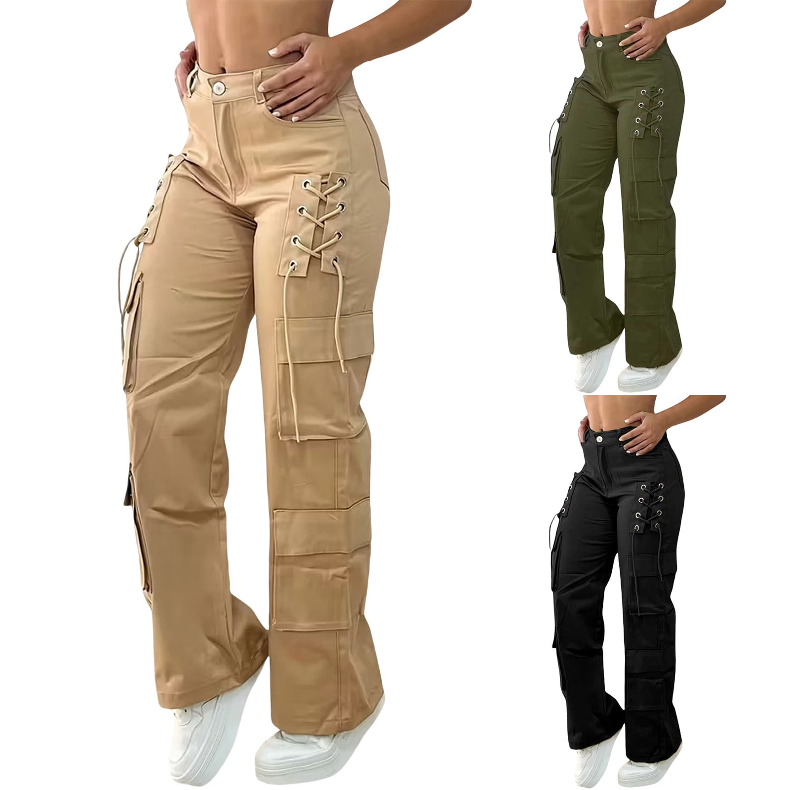 Akmaiox Women's Cargo Pants with 8 Pockets Casual Hiking Wide Leg Pants ...