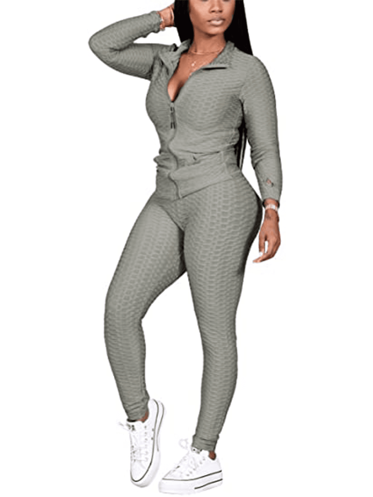 Akmipoem Womens 2 Piece Tracksuit Set Full Zipper Front Jacket Textured ...