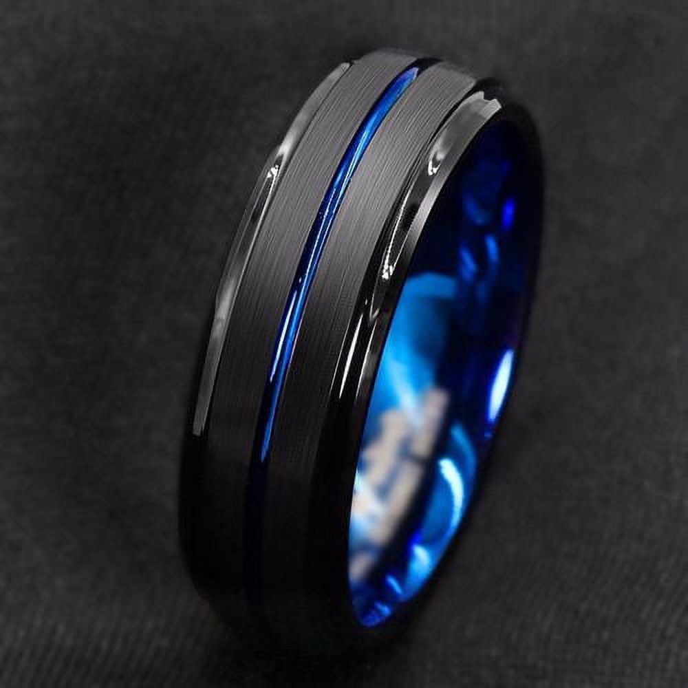 AkoaDa Men's 8mm Black Brushed Tungsten Ring, Blue Groove, Wedding Band ...