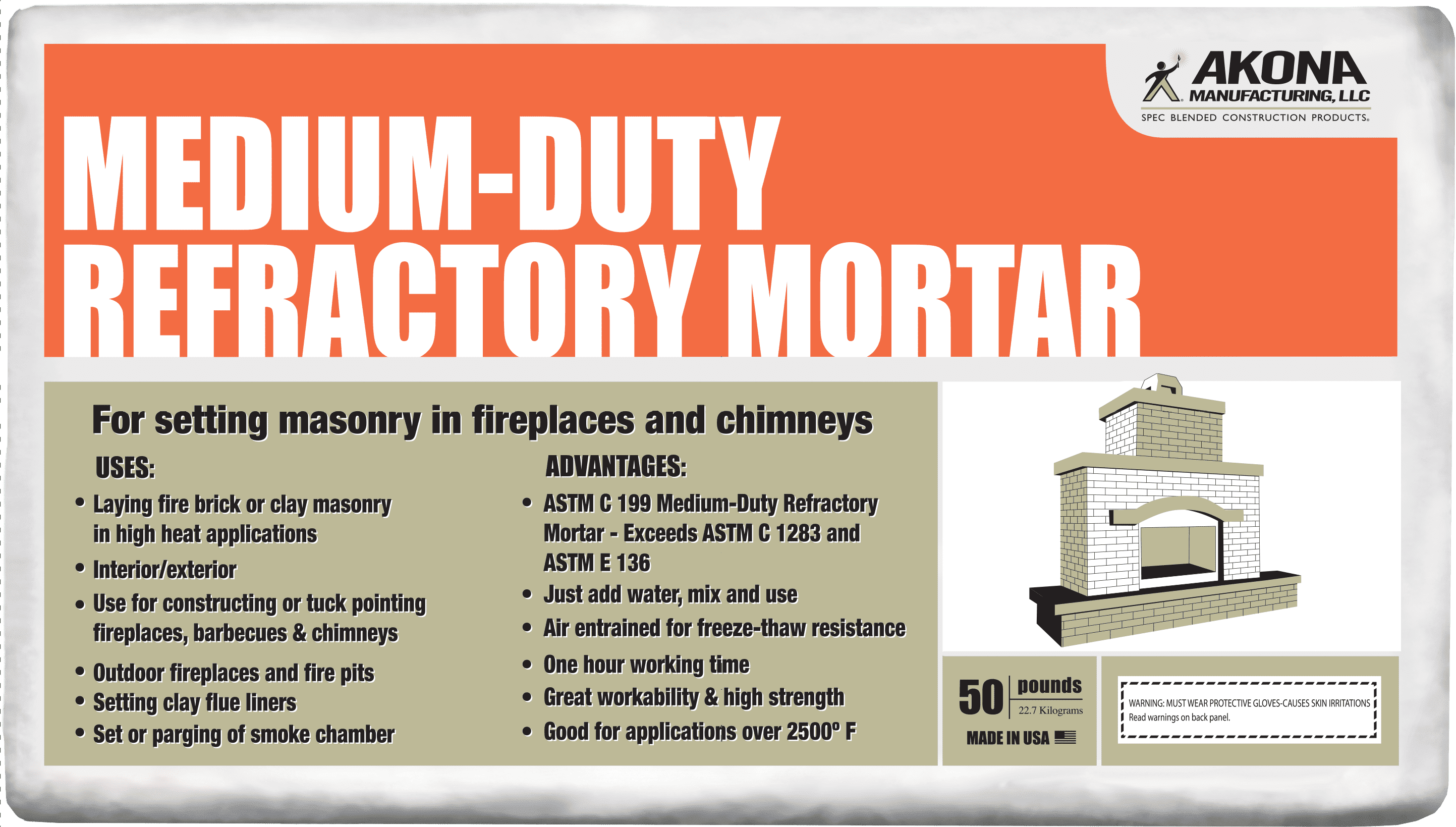 Akona Medium-Duty Refractory Mortar, 50 lb Bag, High Strength, Freeze ...