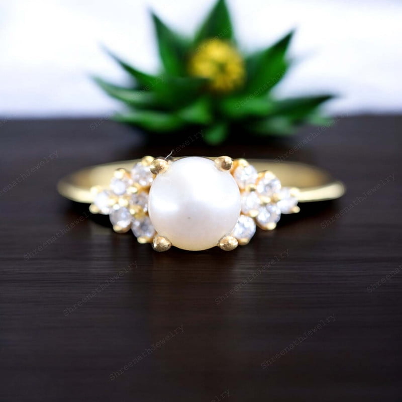 Akoya Pearl Bridal Wedding Ring Yellow Gold Prong Set Ring CZ Diamond ...