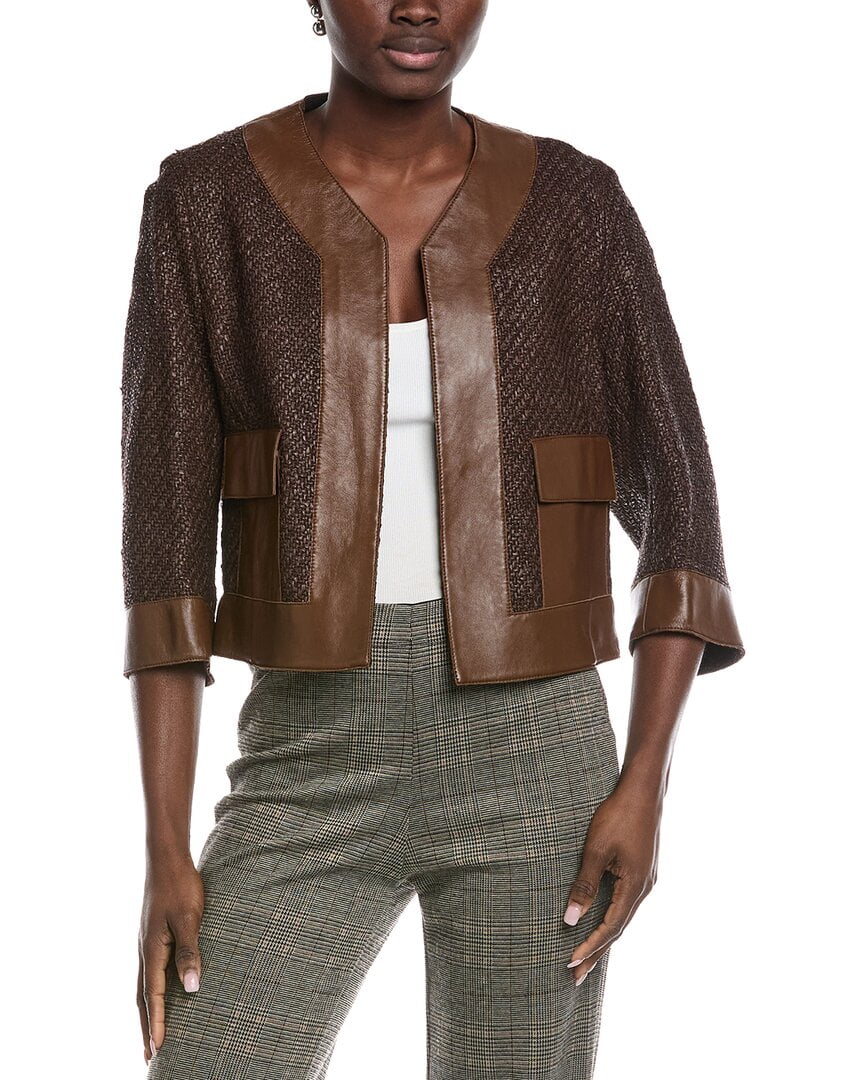 Akris womens Gate Leather-Trim Wool-Blend Jacket, 6, Brown - Walmart.com