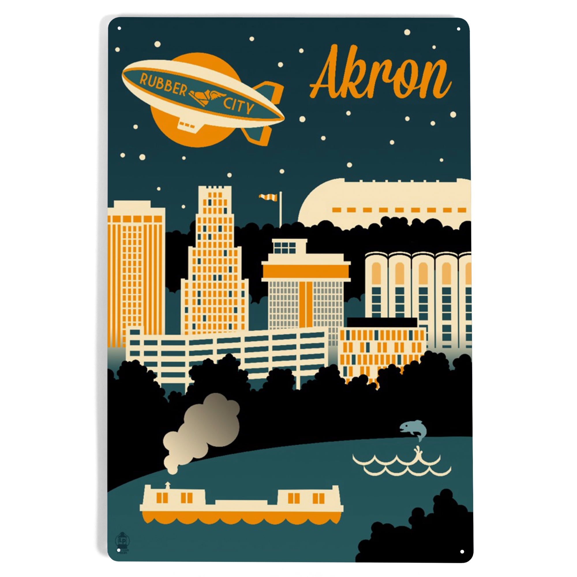 Akron, Ohio, Retro Skyline (12x18 Aluminum Art, Indoor Outdoor Metal ...