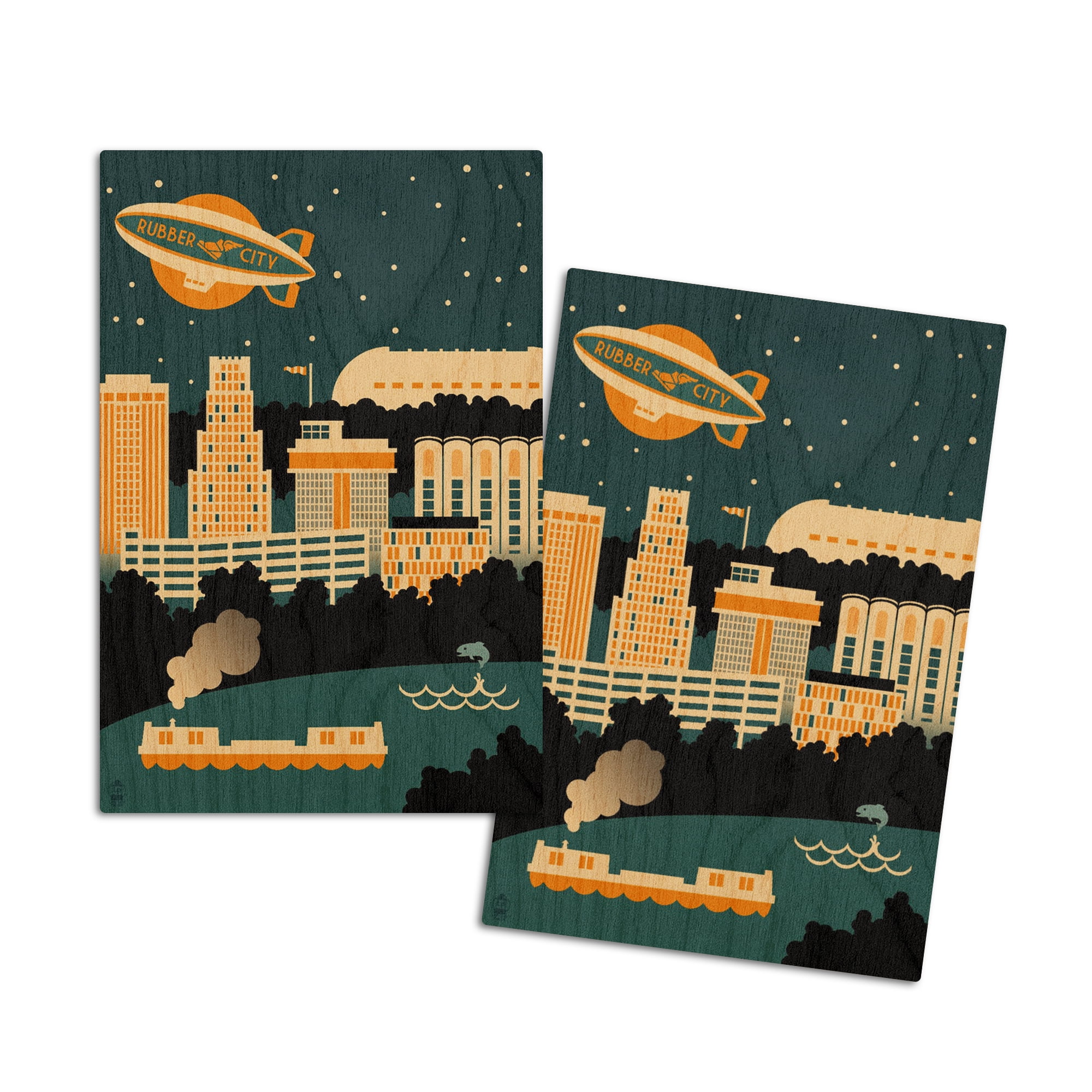 Akron, Ohio, Retro Skyline (no text) (4x6 Birch Wood Postcards, 2-Pack ...