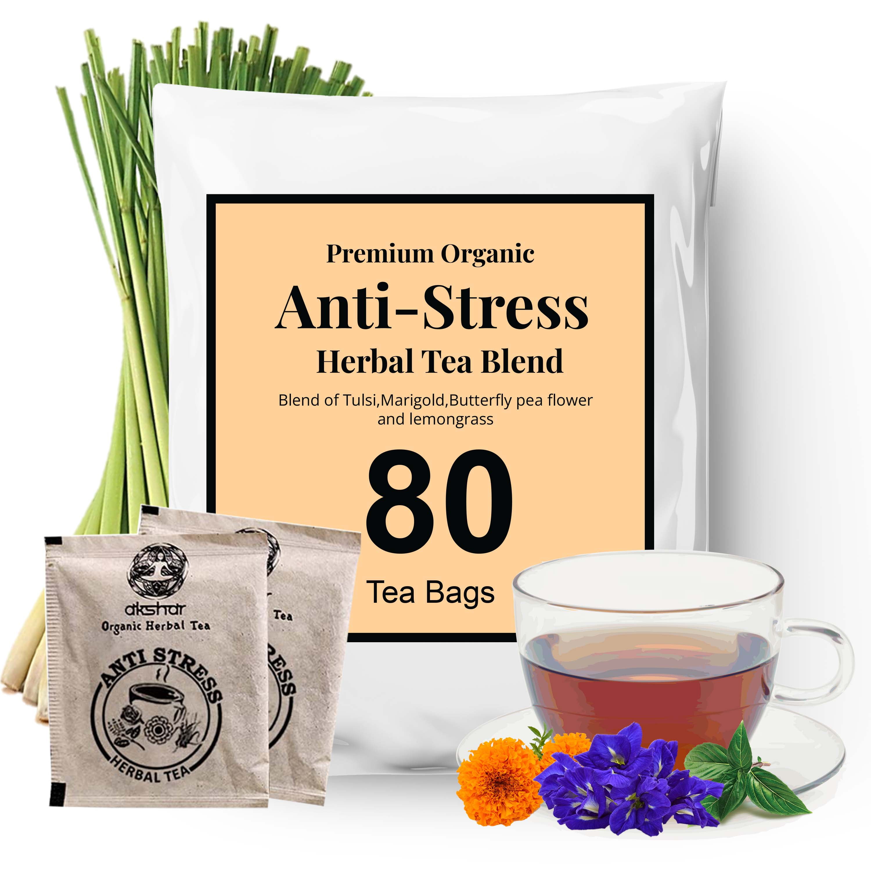 Akshar Organic Anti-Stress Tea Blend, Calendula Flower, Butterfly Pea ...