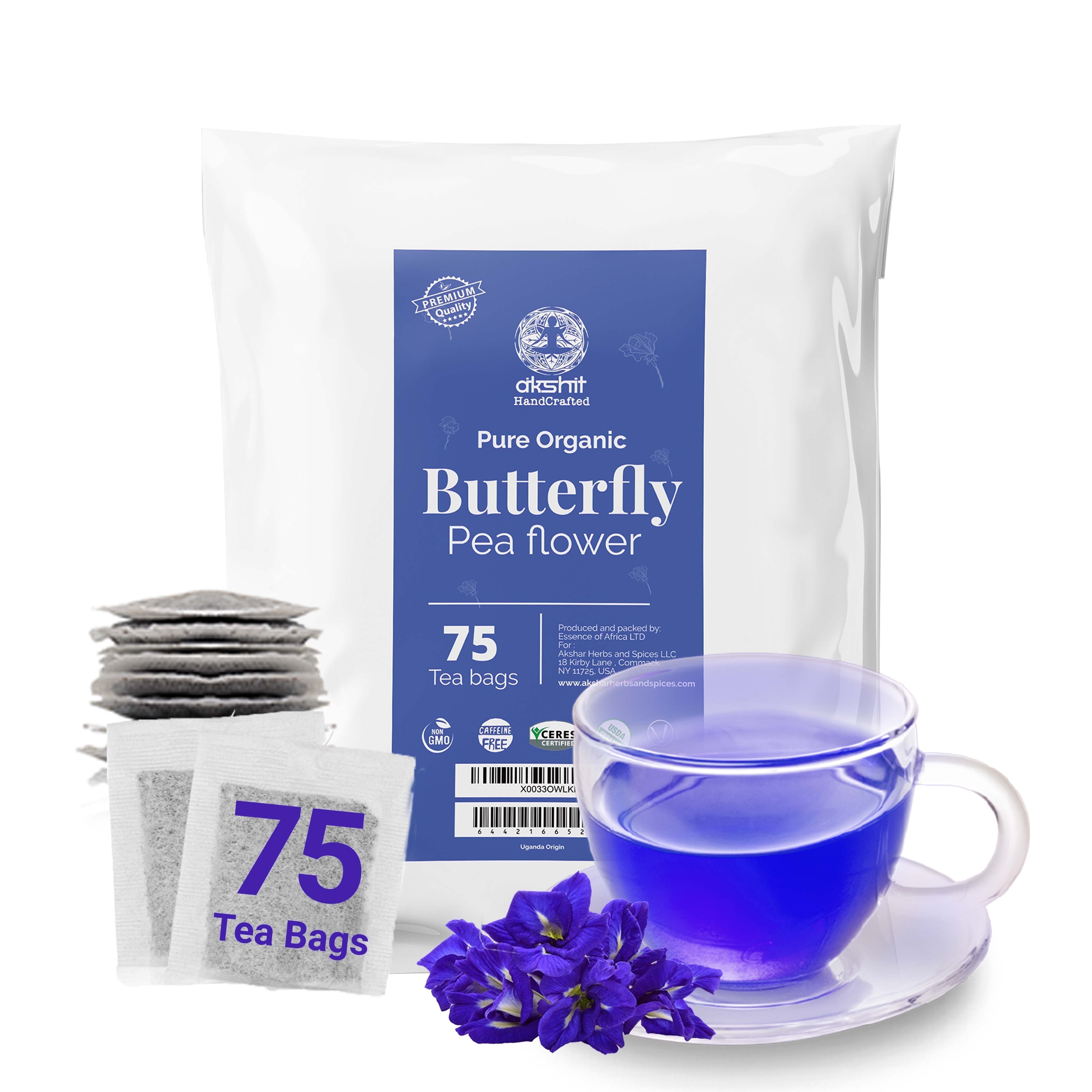 Akshit 75 Organic Butterfly Pea Flower Tea Bags, 100% Pure, Caffeine Free, Herbal Blue Tea ...