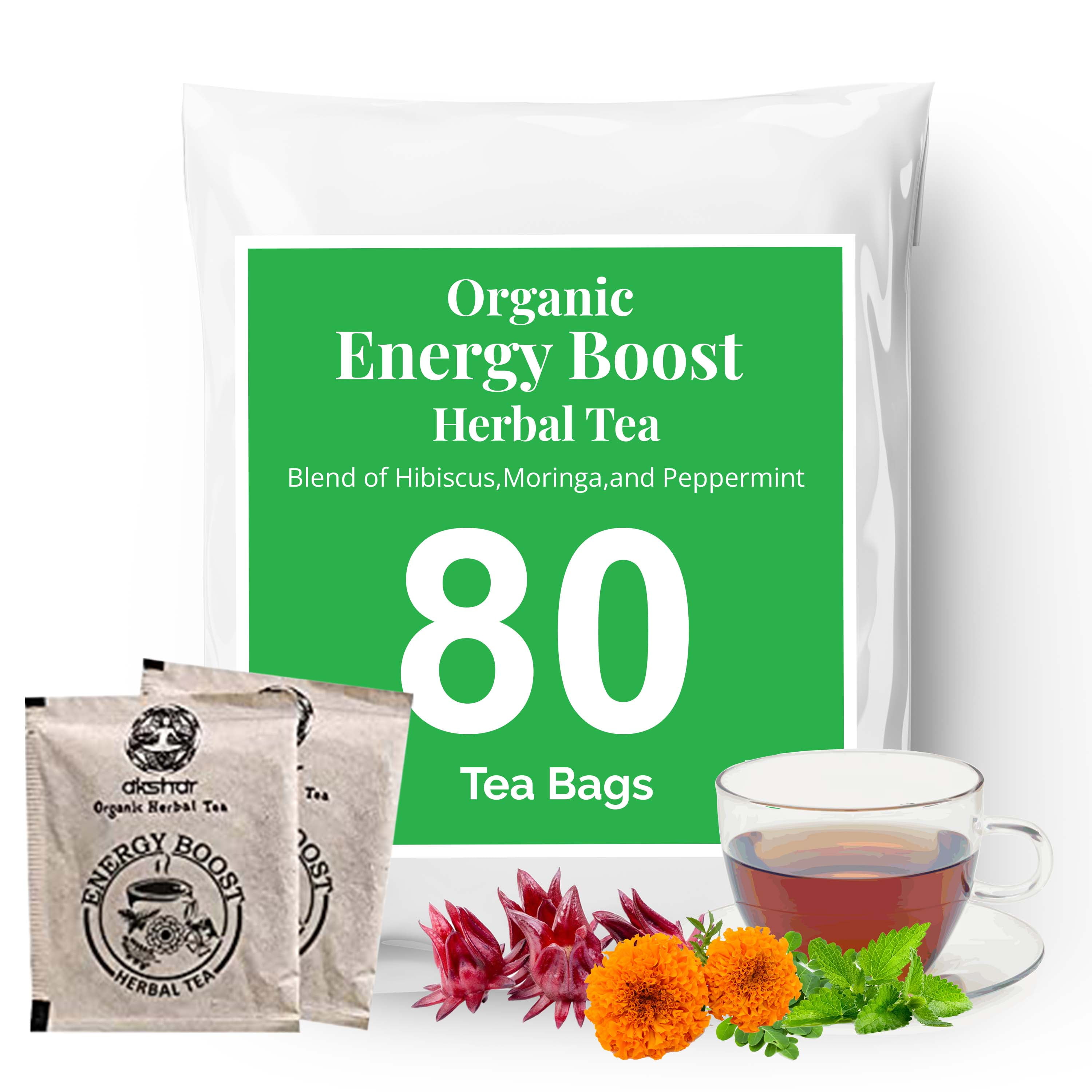Akshit Organic Energy Boost Tea, 80 Tea Bags, Hibiscus with Moringa Tea ...