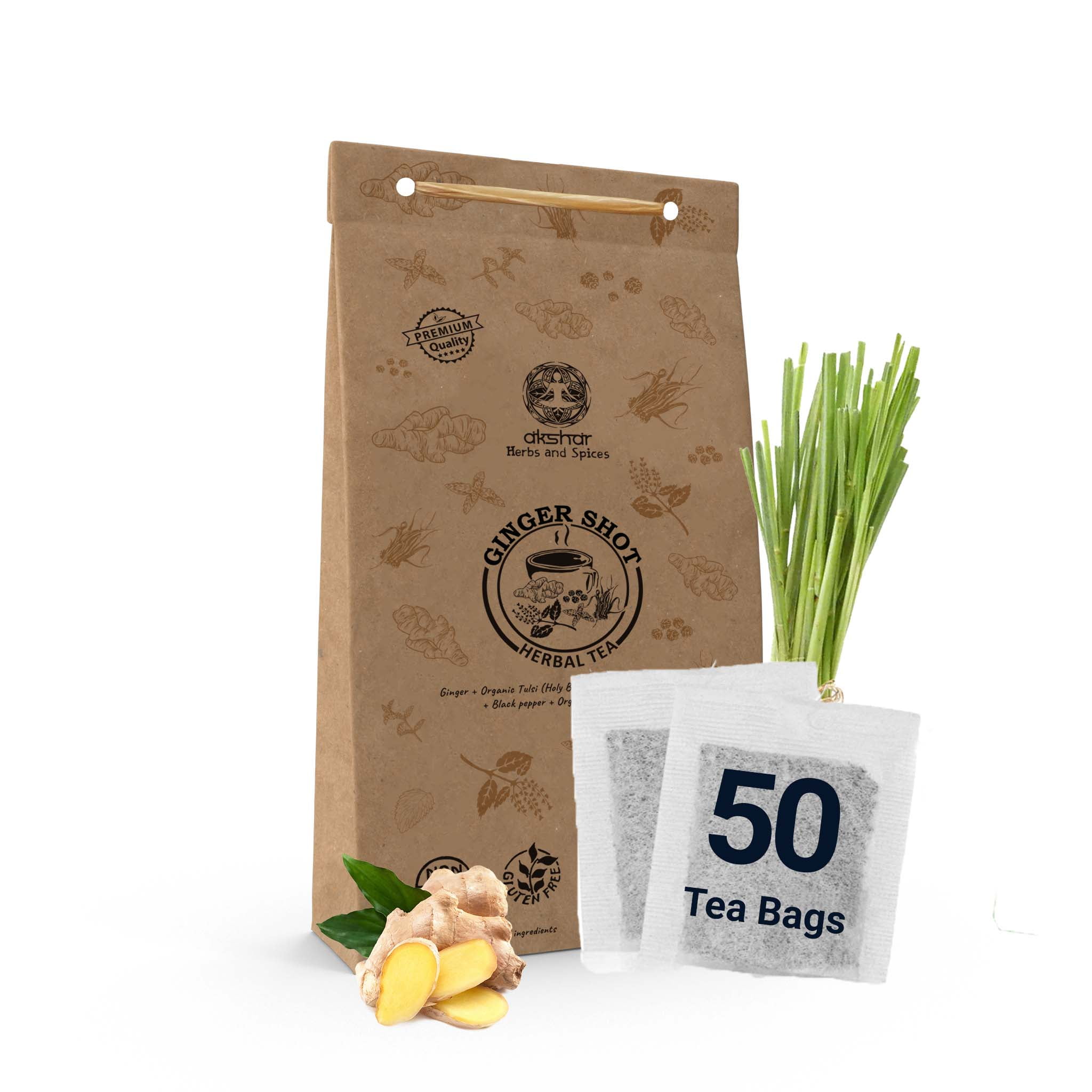 Akshit Organic Ginger Tea, 50 Ginger Lemongrass Tea Bag Blend with Holy ...