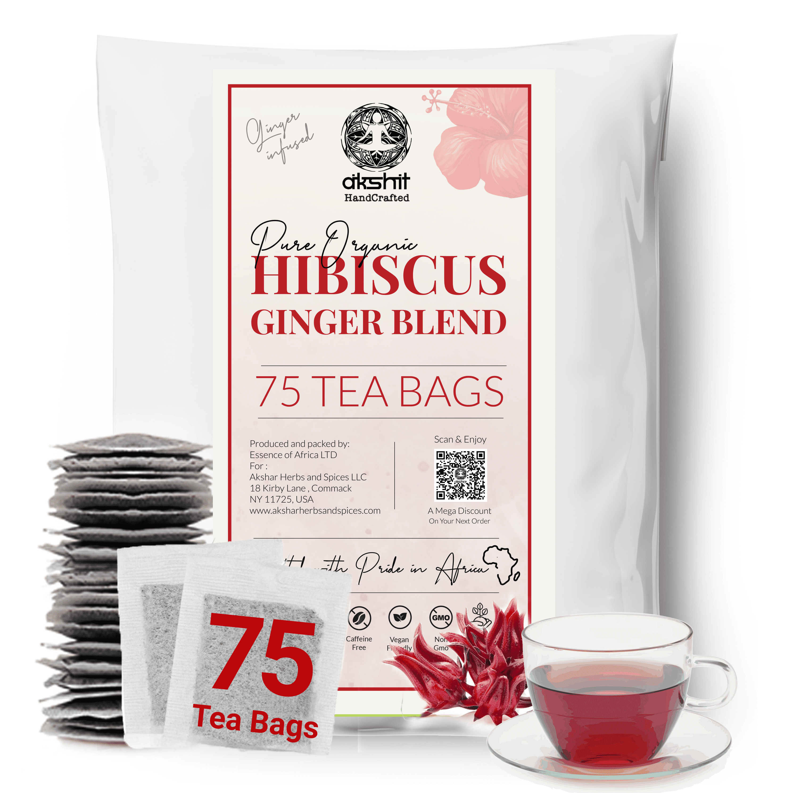 Akshit Organic Hibiscus Tea, 75 Count, Hibiscus Ginger Tea Blend, Te De ...