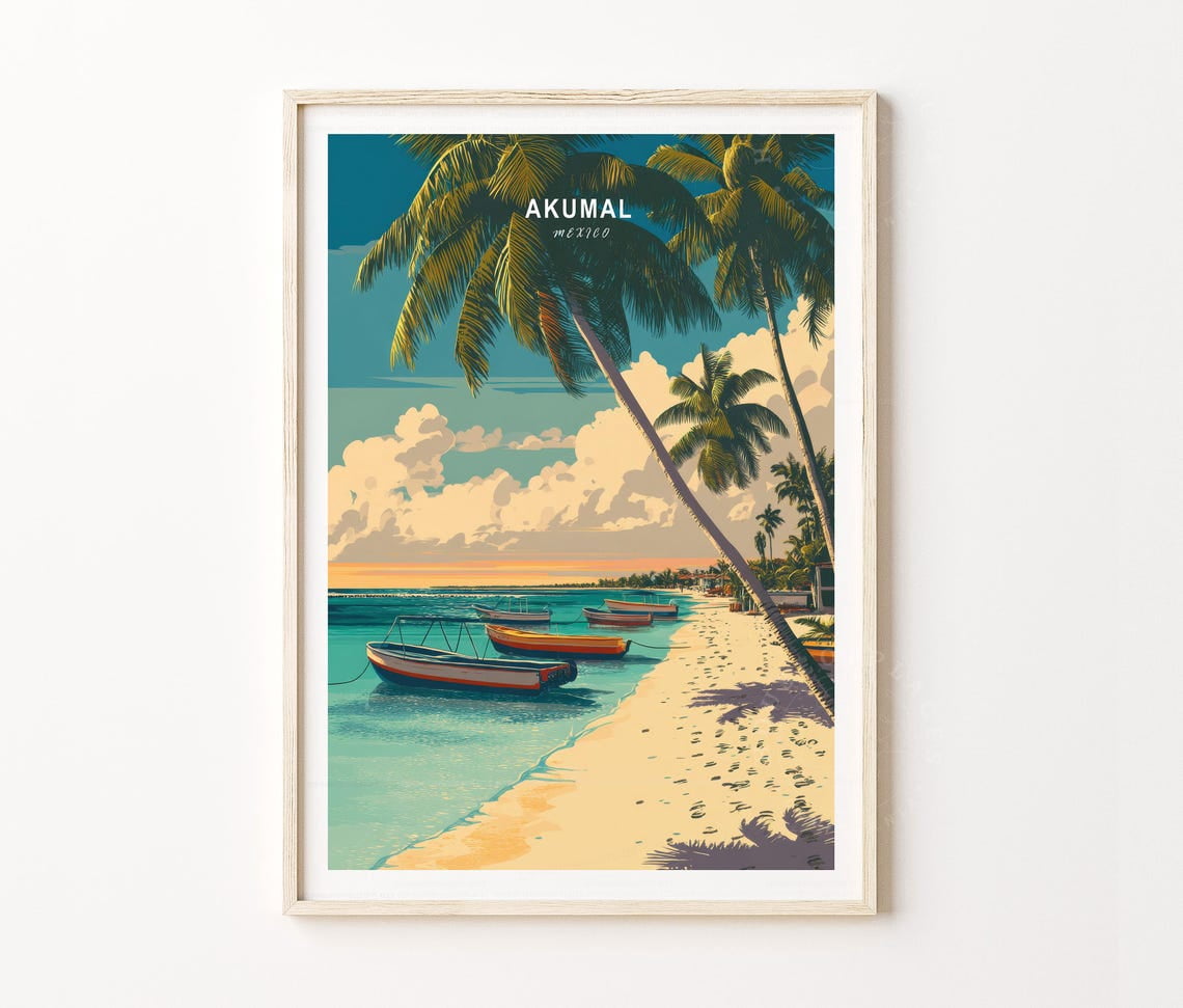 Akumal Mexico Tropical Beach Palm Tree Coastal Wall Art, Unframed Paper ...