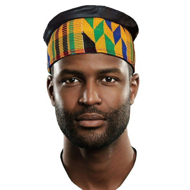 Akwaaba African Hand Woven Kente Kufi Hat with Faux Leather - Walmart.com