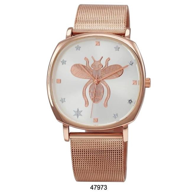 AkzanWholesale 47973 Rose Gold Mesh Band Ladies Watch with Bee Dial ...