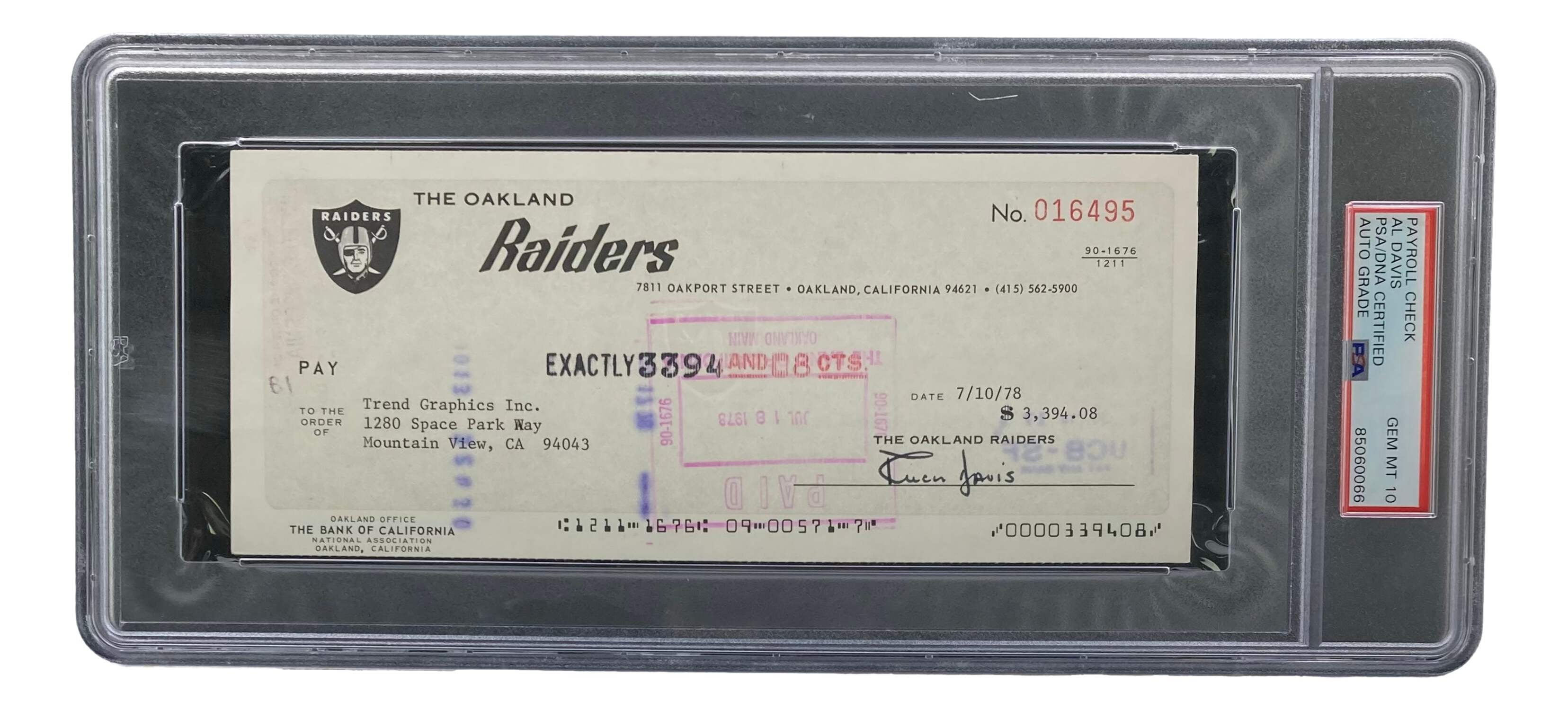 Al Davis Signed Oakland Raiders Bank Check #16495 PSA/DNA Gem MT 10 ...
