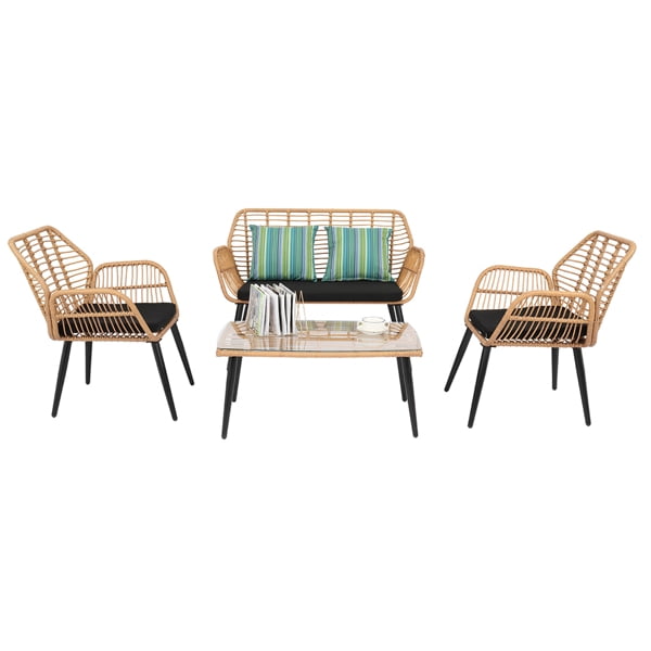 Al Fresco 4 Piece Patio Furniture Set Outdoor Bistro Set of 4 All Weather Rattan Conversation Bistro Loveseat Chair and Glass Table for Backyard