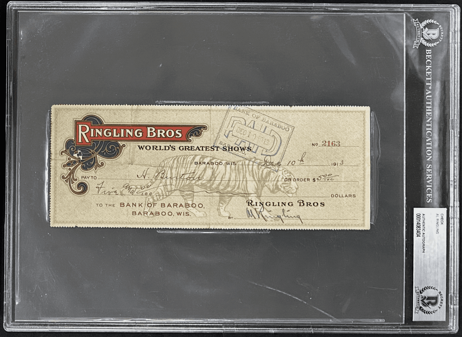Al Ringling Signed Autographed 1913 Ringling Brothers Check Beckett ...