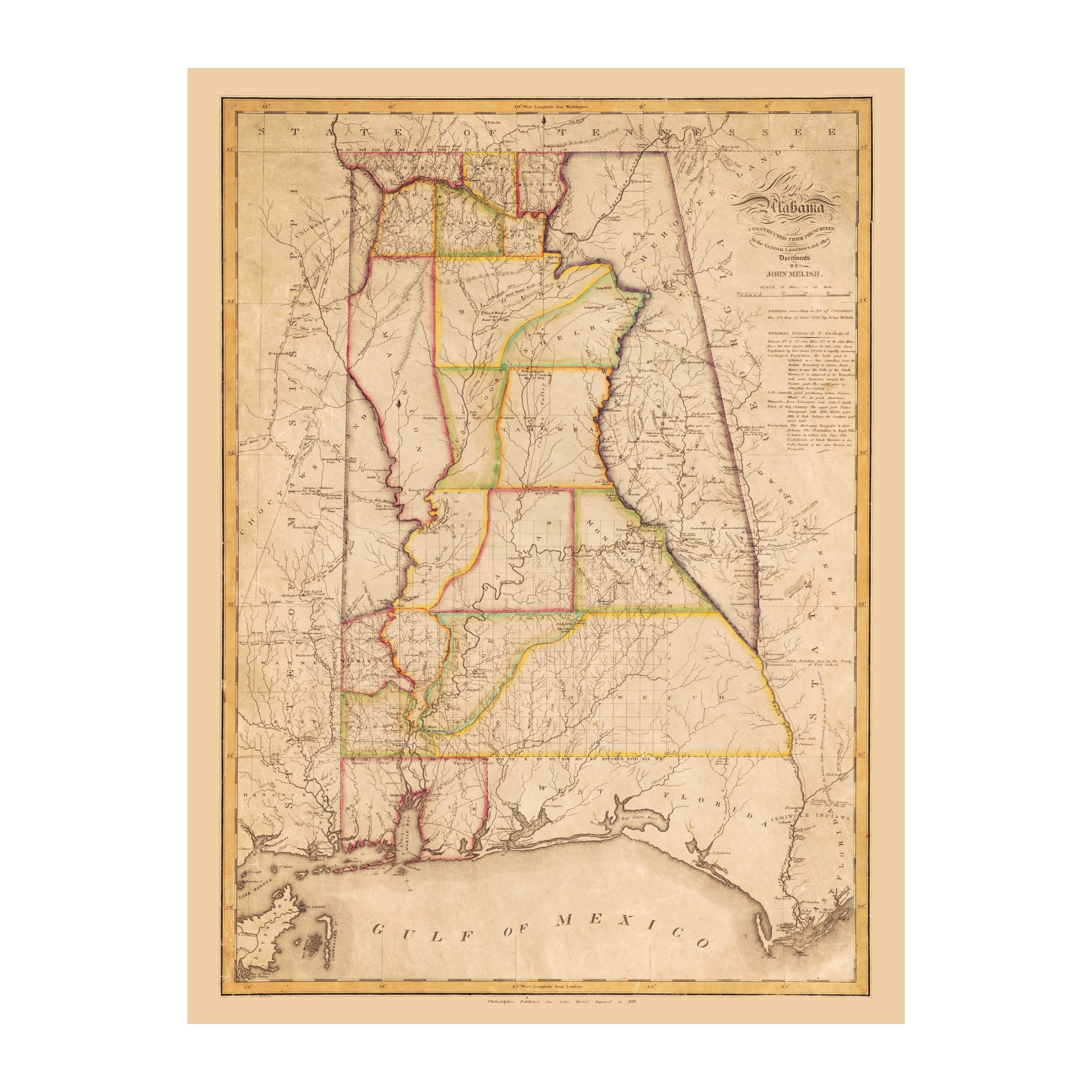 Alabama Art, 1818 Vintage Map of Alabama History Wall Decor Gift, Old ...