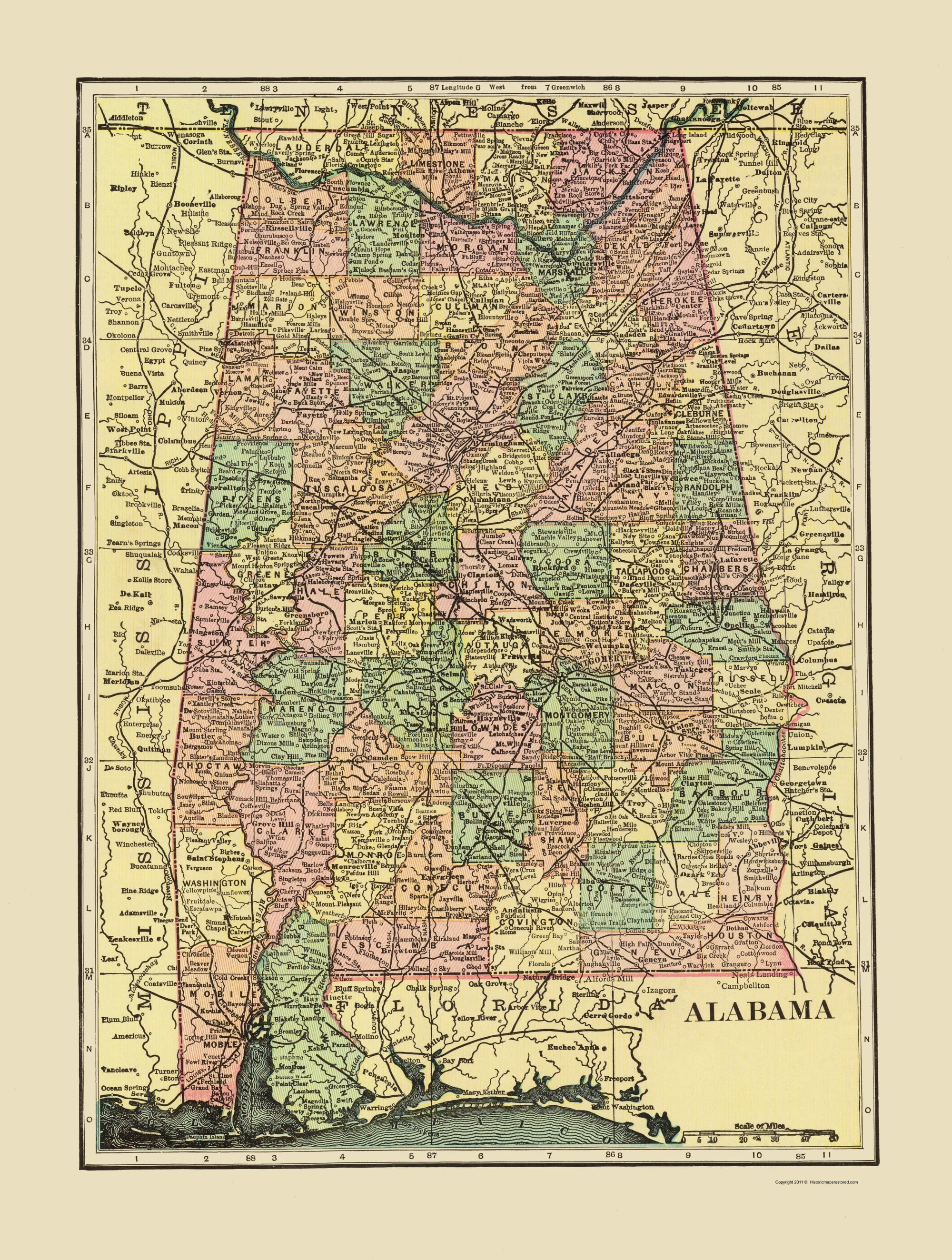 Historic State Map - Alabama - Cram 1909 - 23 x 30.45 - Vintage Wall ...