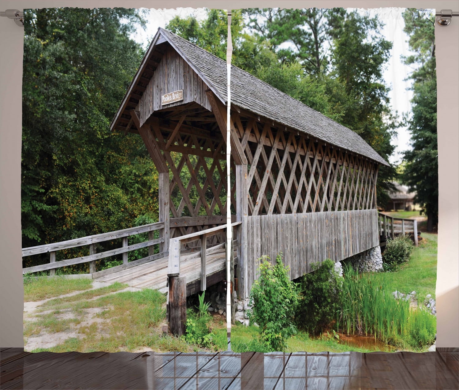 Alabama Curtains 2 Panels Set, Old Wooden Bridge over a Small Stream ...