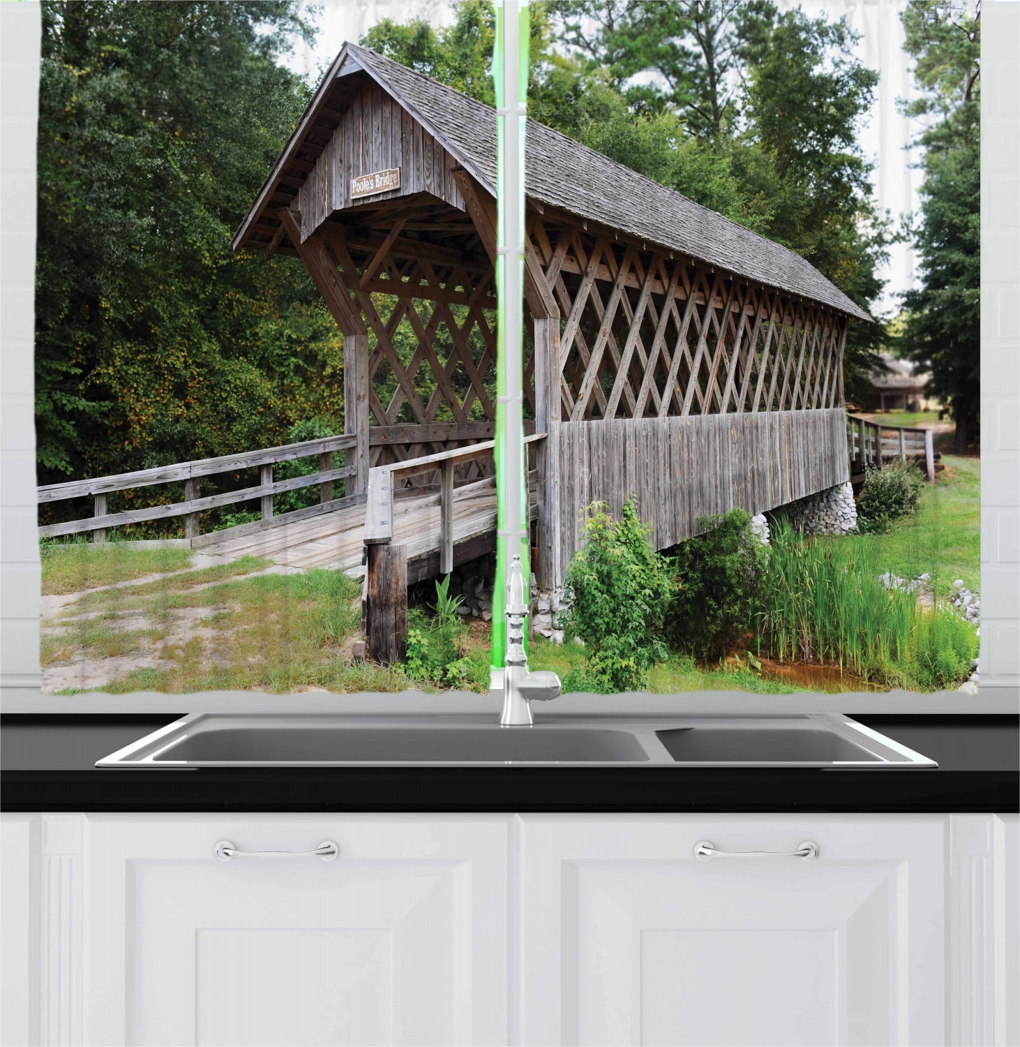 Alabama Curtains 2 Panels Set, Old Wooden Bridge over a Small Stream ...