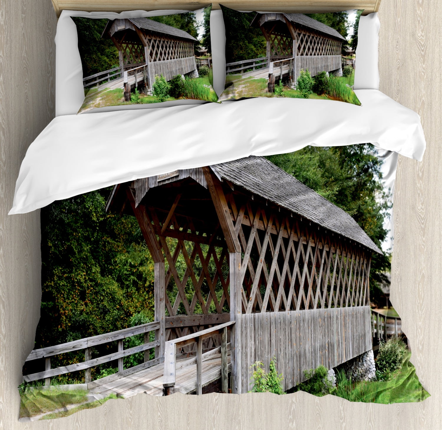 Alabama Duvet Cover Set Queen Size, Old Wooden Bridge over a Small ...