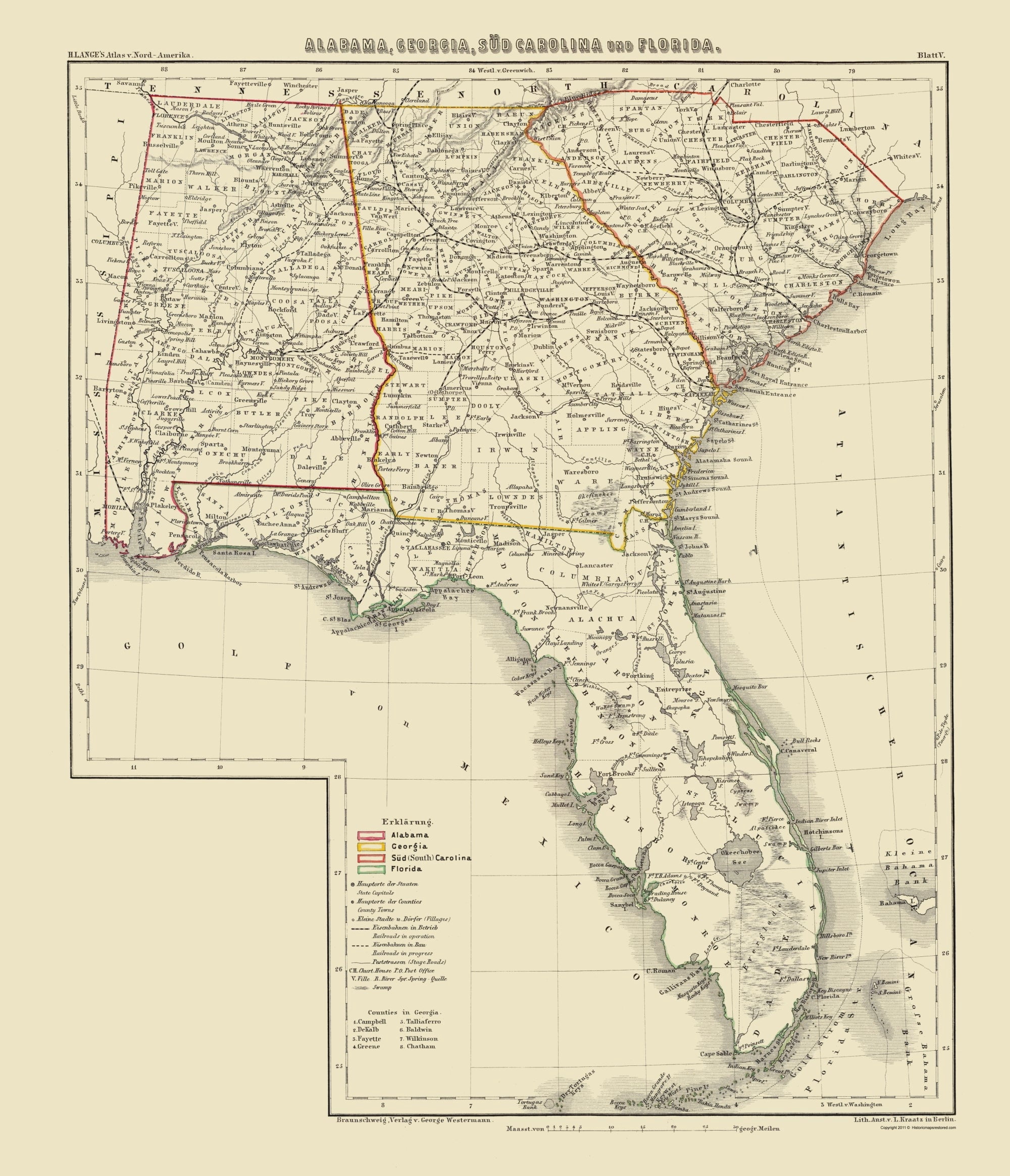 Historic State Map - Alabama Georgia South Carolina Florida ...