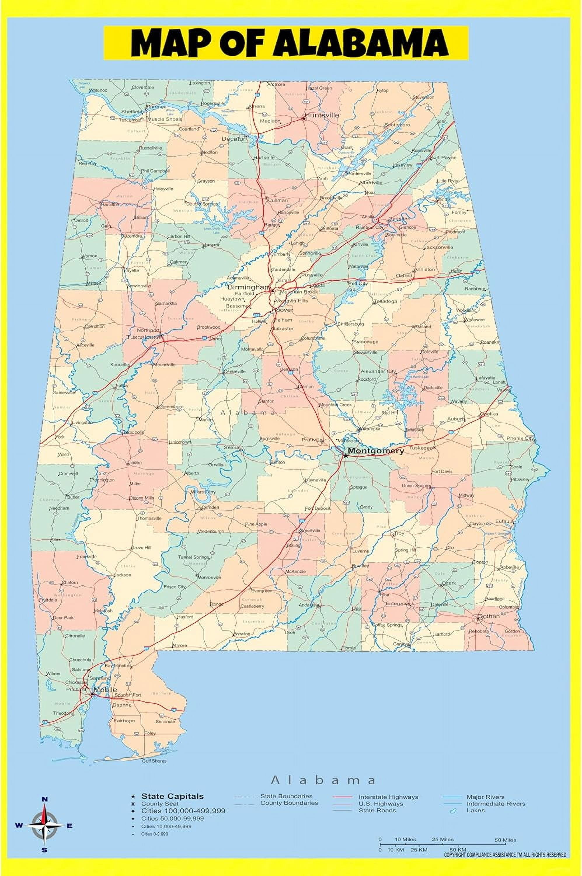 Alabama Map Poster - Laminated Wall Map - Style A - 18x24 - Ideal for ...