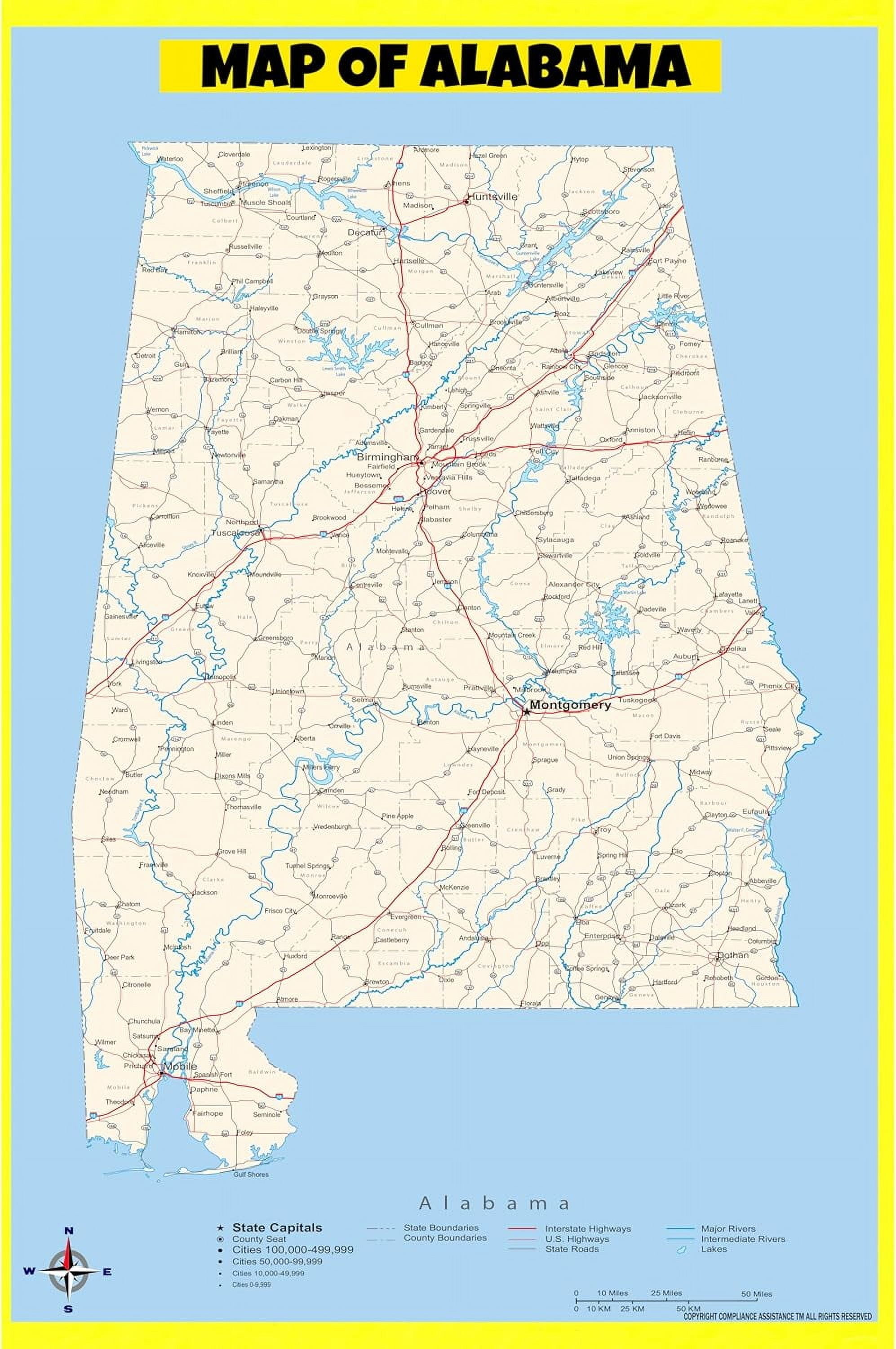 Alabama Map Poster - Laminated Wall Map - Style B - 24x36 - Ideal for Classrooms and Homes ...