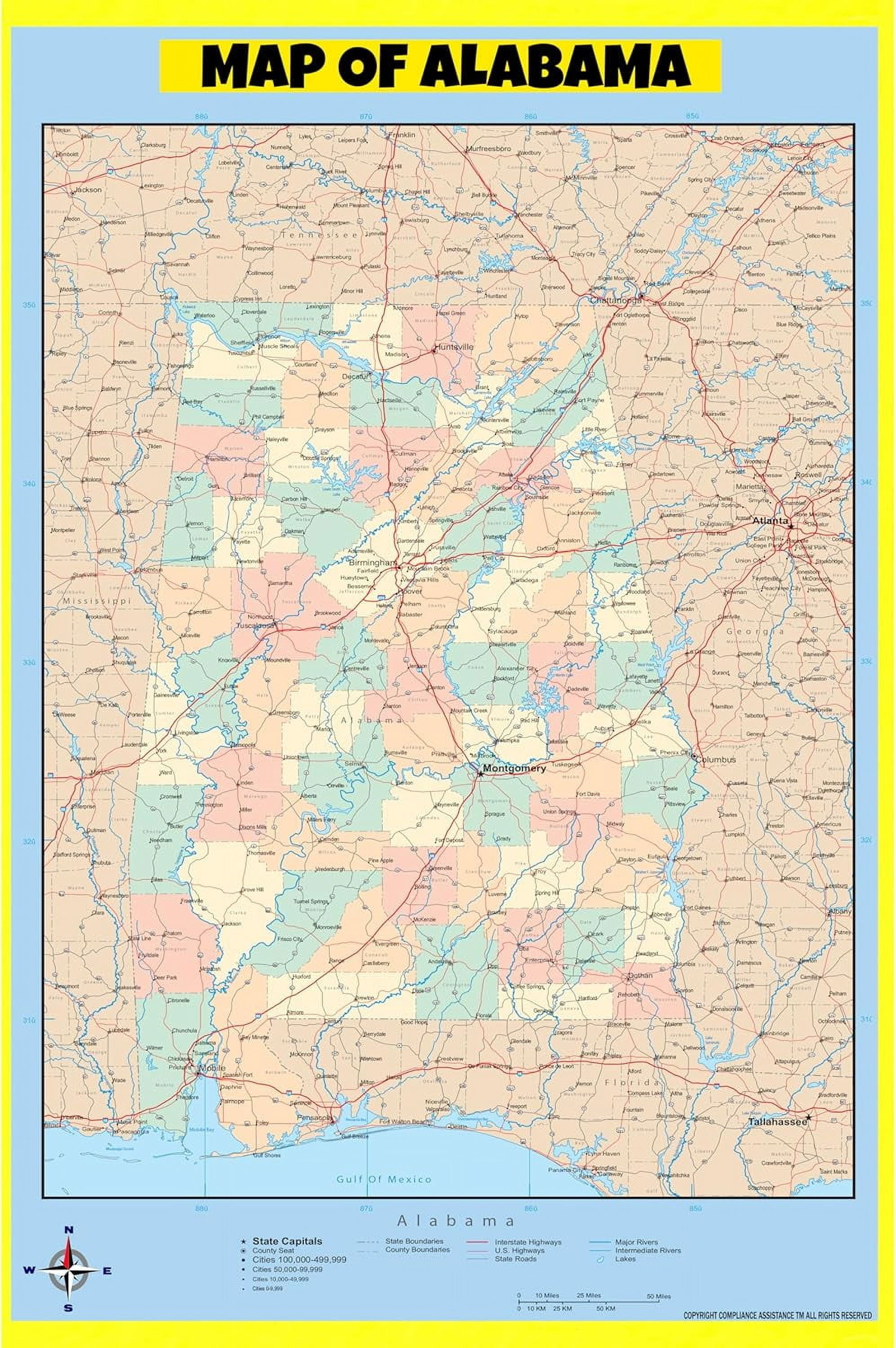 Alabama Map Poster - Laminated Wall Map - Style C - 24x36 - Ideal for Classrooms and Homes ...