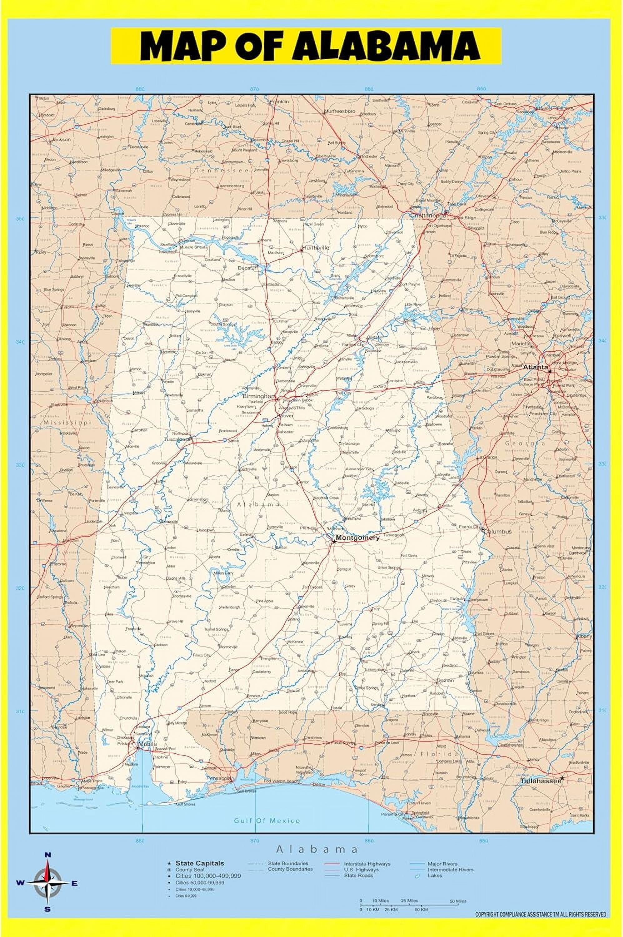 Alabama Map Poster - Laminated Wall Map - Style D - 36x60 - Ideal for ...