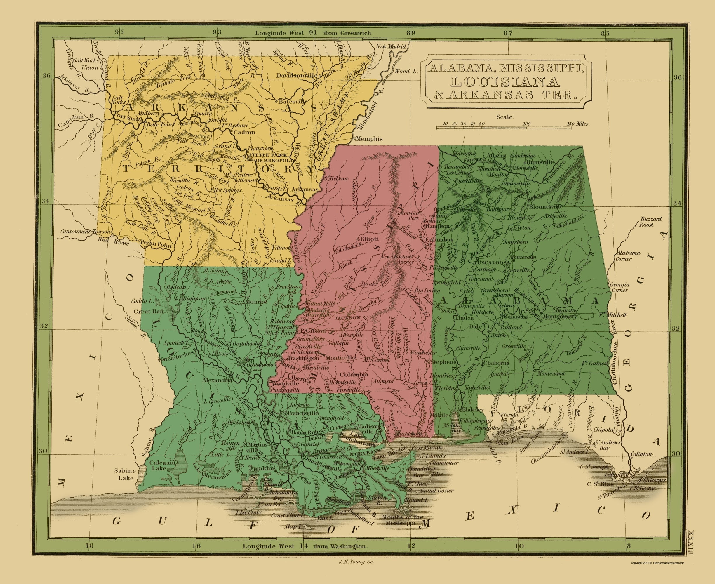 Historic State Map - Alabama Mississippi Louisiana Arkansas - Grigg ...