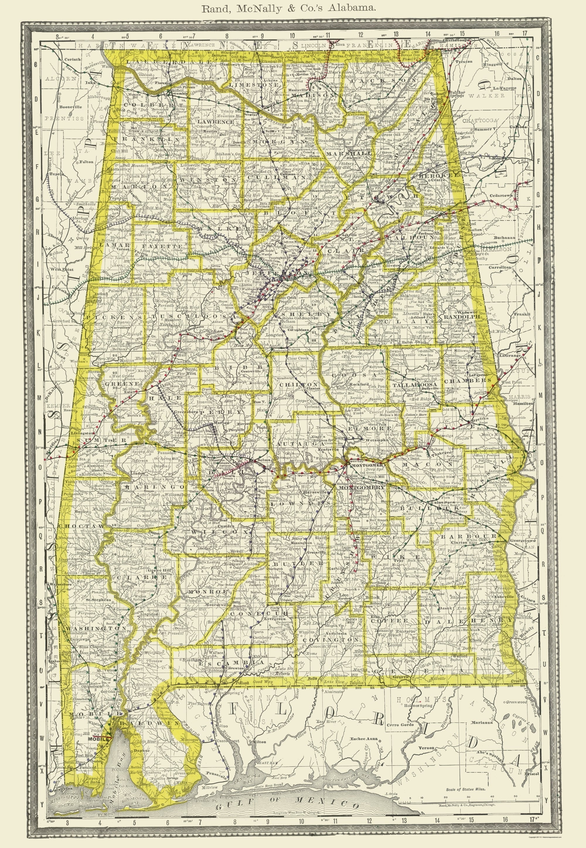 Historic State Map - Alabama - Rand McNally 1890 - 23 x 33.26 - Vintage ...