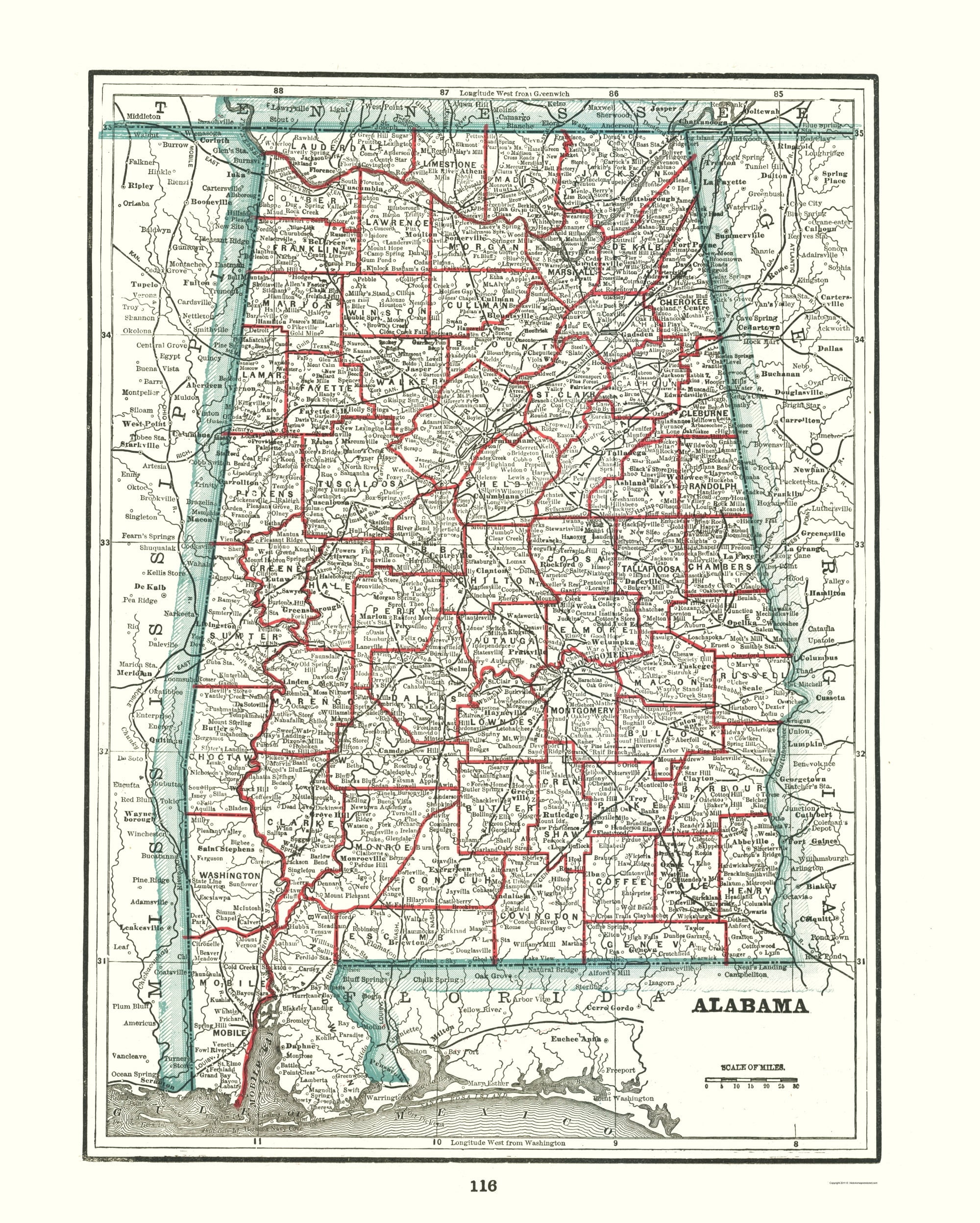 Historic State Map - Alabama - Rathbun 1893 - 23 x 28.67 - Vintage Wall ...