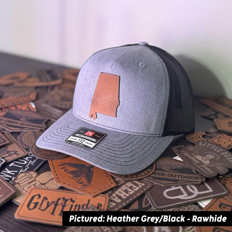 Alabama State Outline | State Outline Hat | Leather Patch Hat | Leatherette | Trucker Hat ...