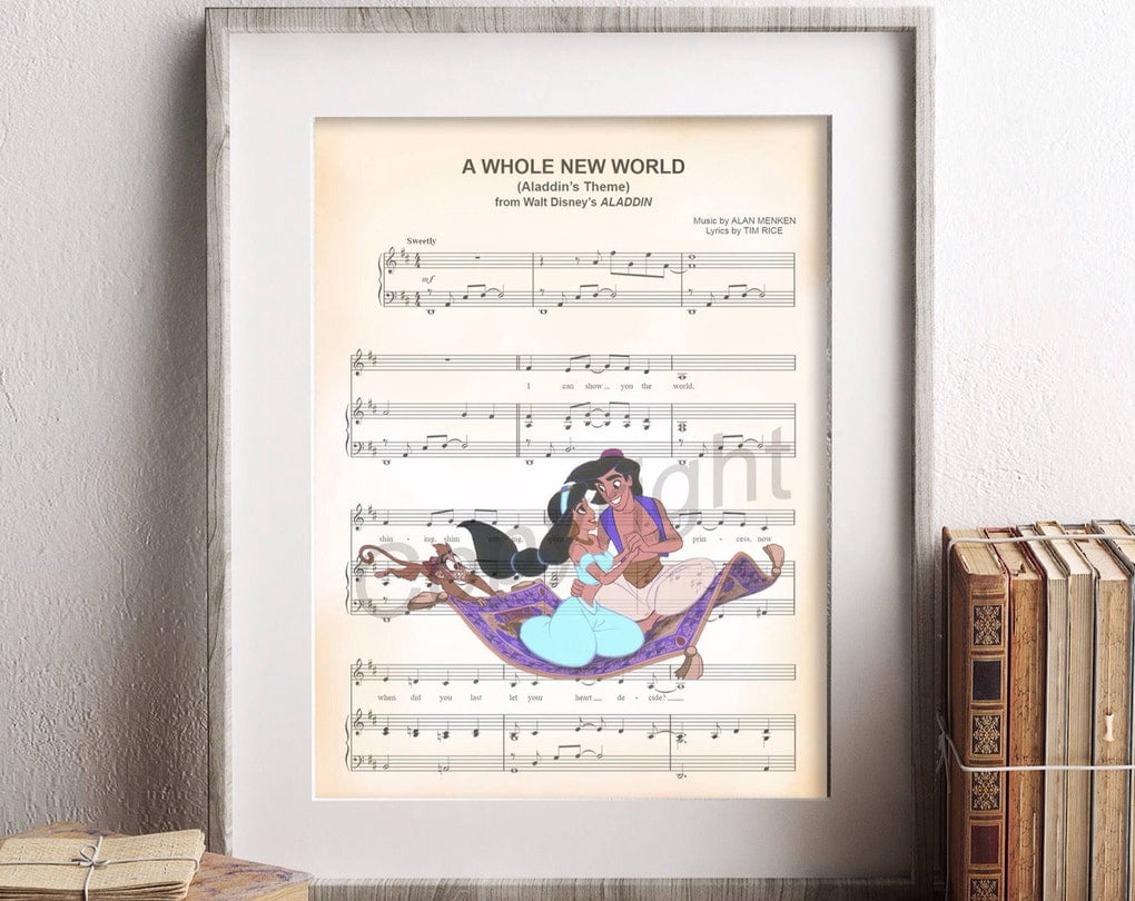 Aladdin And Jasmine Carpet Ride Sheet Music Art Print ,Decor For Living ...