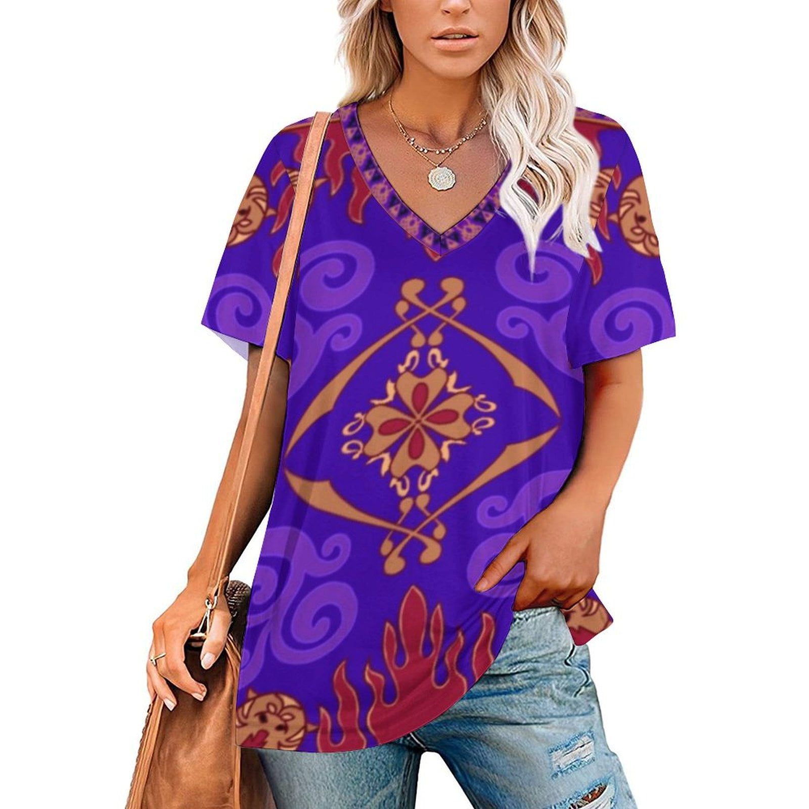 Aladdin's Magic Lamp Fashion Female T-Shirt Short Sleeve Lady V Neck ...