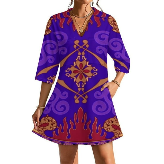 Aladdin's Magic Lamp Womens Dress With Pockets Summer V Neck 3/4 Sleeve ...
