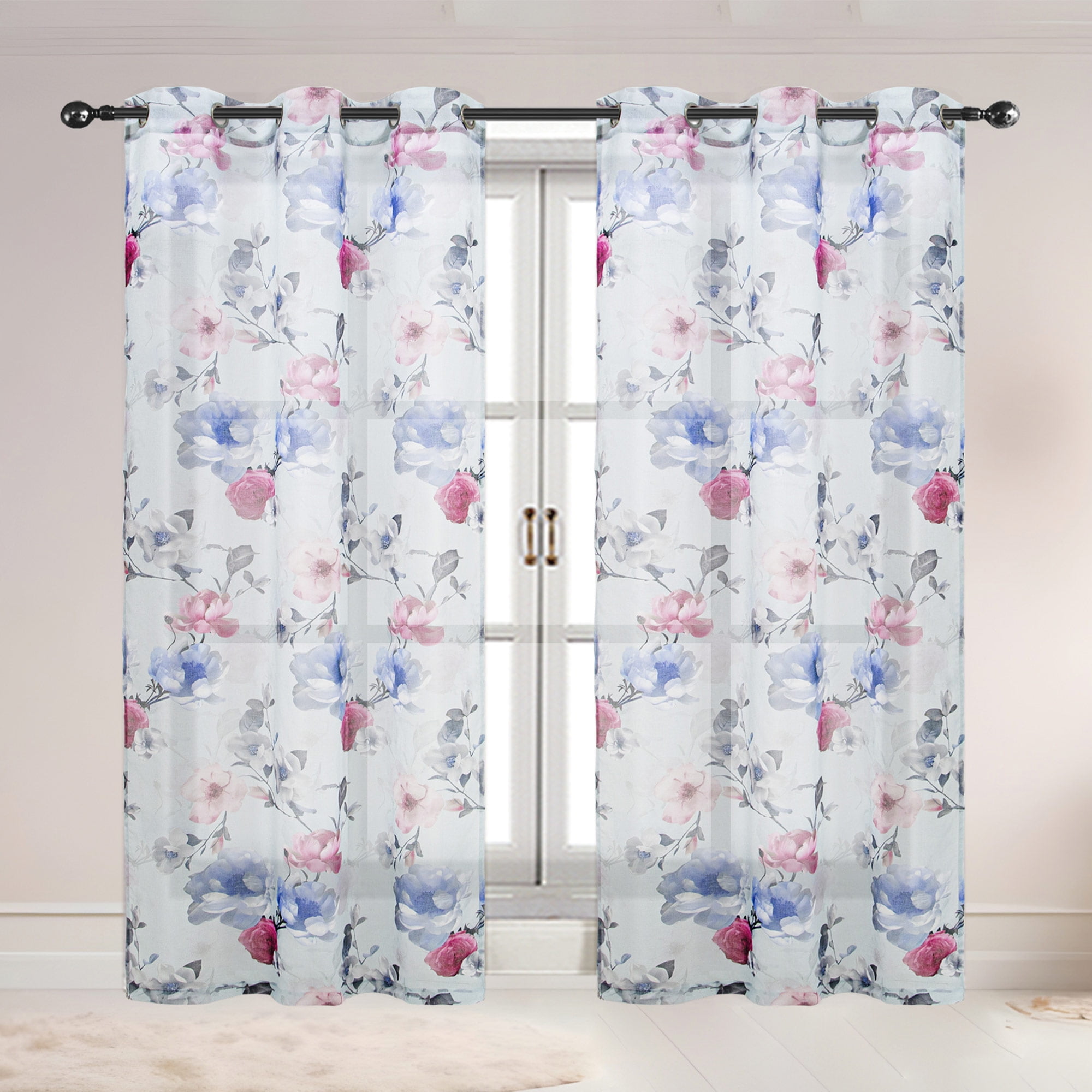 Alaina 2 Pack Floral Sheer Voile Grommet Window Curtain Panel, Blue ...