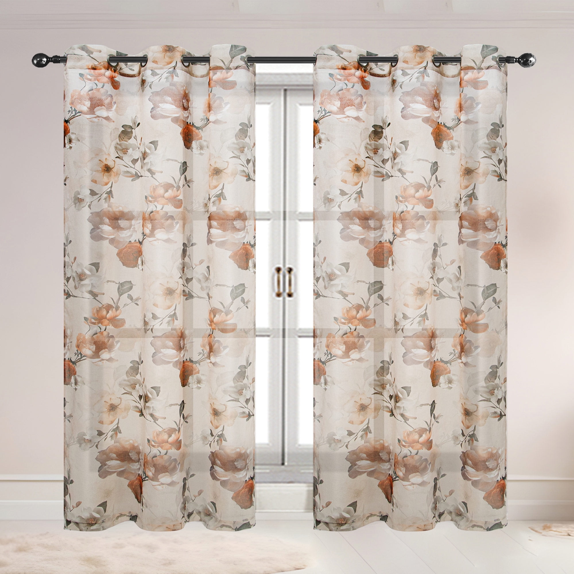 Alaina 2 Pack Floral Sheer Voile Grommet Window Curtain Panel, Orange ...